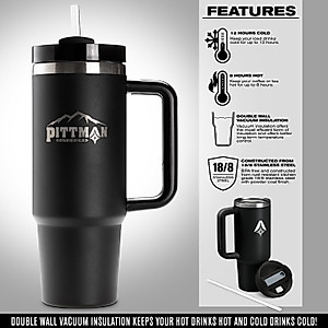 Pittman Outdoors 30oz. Hydration Tumbler with Comfort Soft Handle, Black - Vacuum Insulated Travel Coffee and Drink Mug