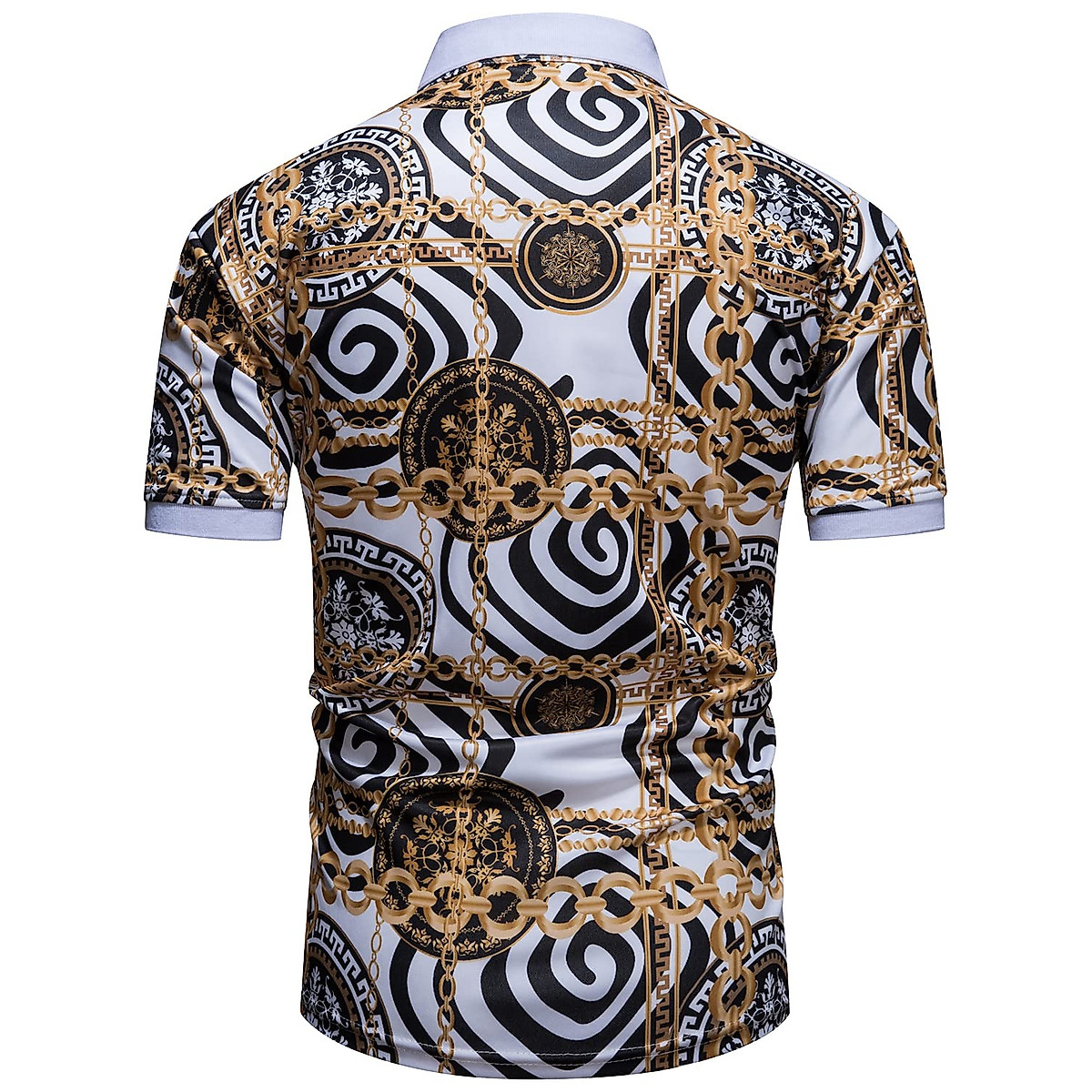 fohemr Mens Luxury Polo Shirts Gold Short Sleeve Baroque Chain Print Casual Golf Wicking T-Shirt White X-Large