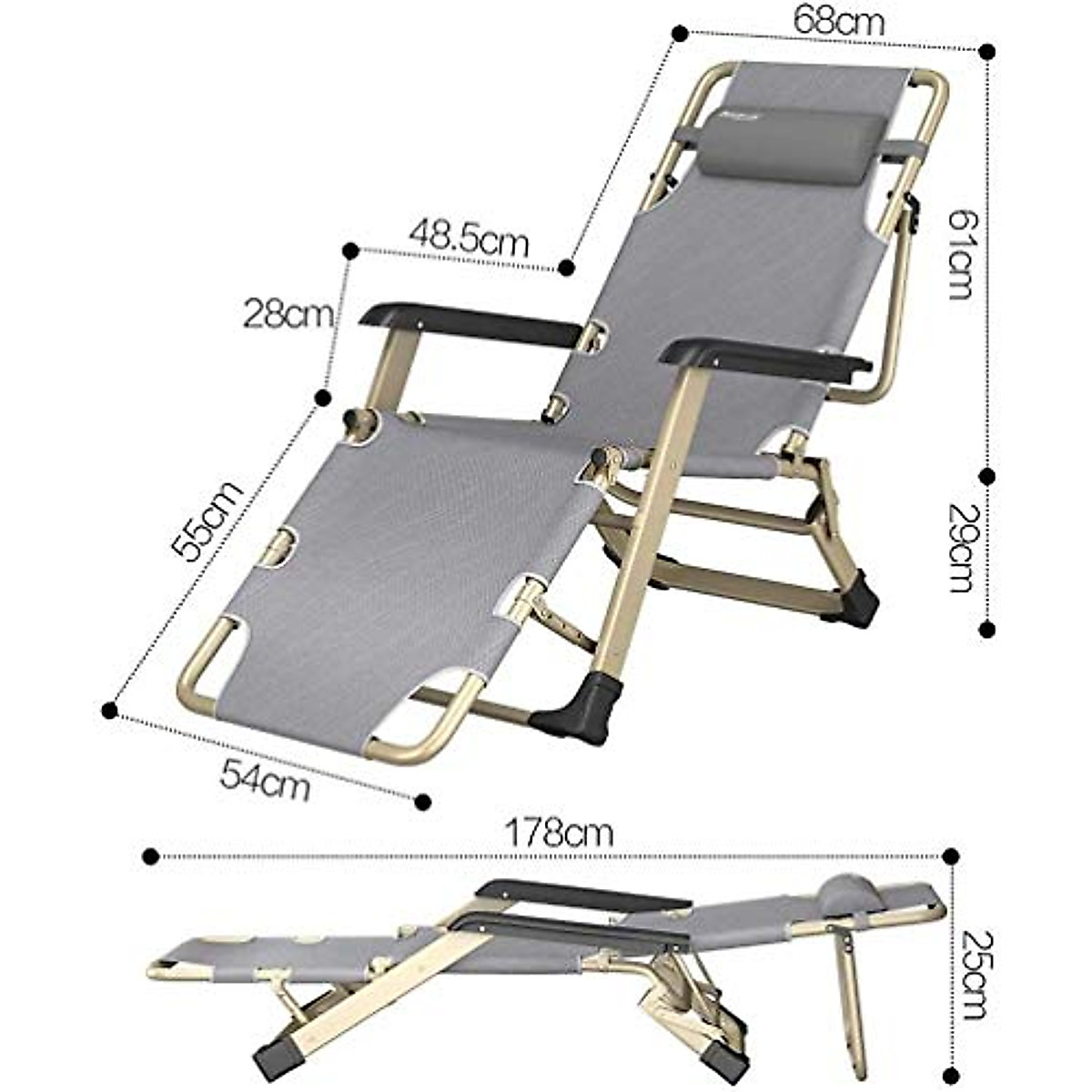 SikrEa Office Desk Chair Recliner Outdoor Garden Foldable Home Office Chair Lounger with Headrest, Deck Chairs Loungers for 550 Lb Capacity of Beach Camping - Gray