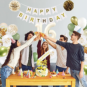 GYESXYW Sage Green 16th Birthday Decorations for Girls, Olive Green and Gold Sweet 16 Party Decorations Set, Happy Birthday Banner, Birthday Sash, Crown, Confetti Balloons for Her Party Supplies