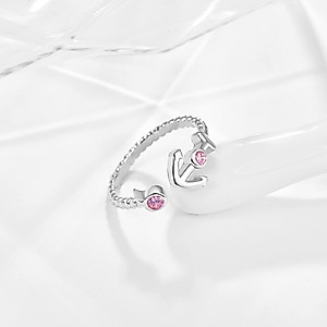 KINGWHYTE Anchor Ring S925 Sterling Silver Adjustable Open Ring with Pink Cubic Zirconia Anchor Jewelry Gifts for Women