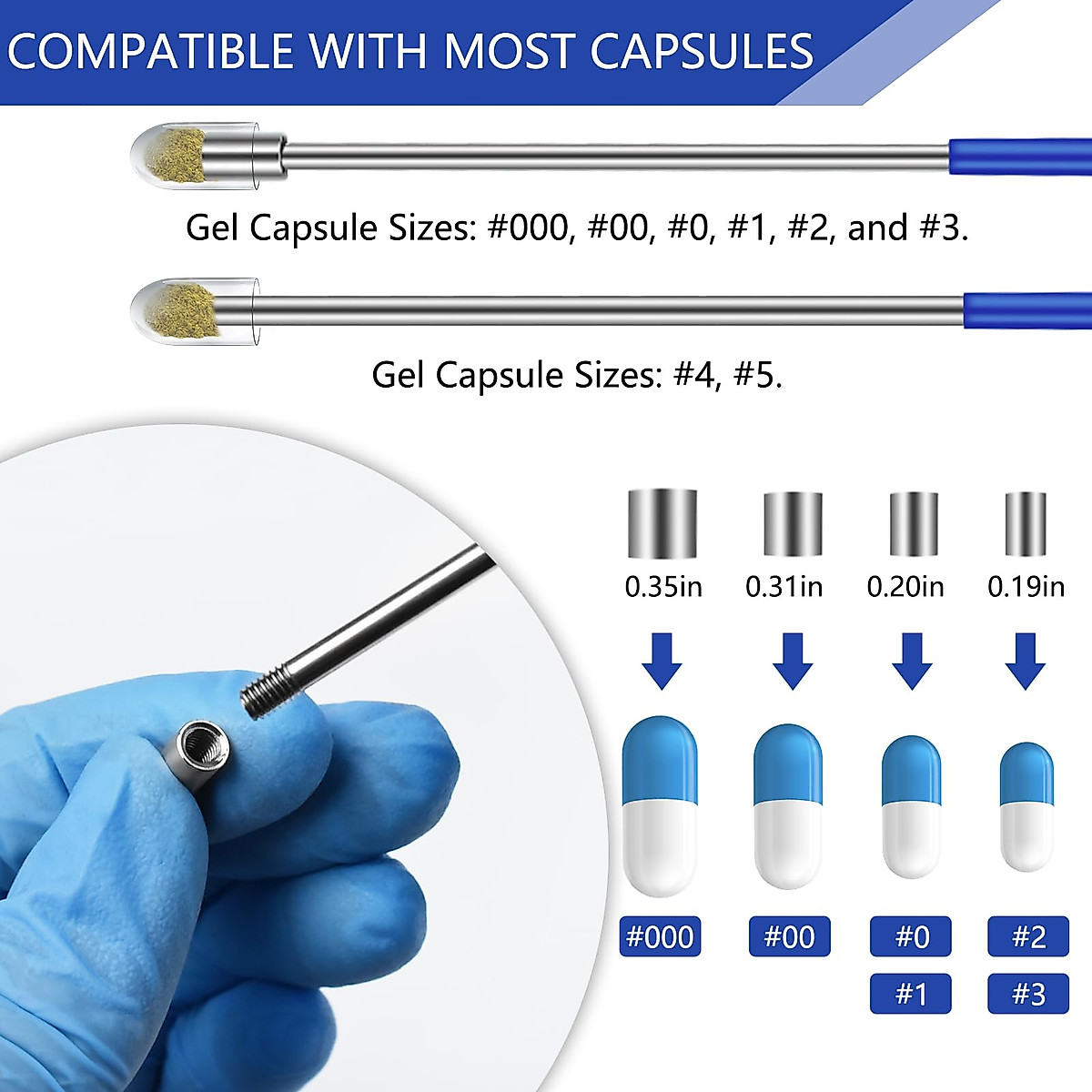 Artcome 15 PCS Versatile Capsule Filling Tool Kit for Pill Filler - Lab Scoops, Powder Pan, Herb Tamper and Capsule Holder - Ideal Tools for Medication and Supplements - All Sizes 000 00 0 1 2 3 4 5