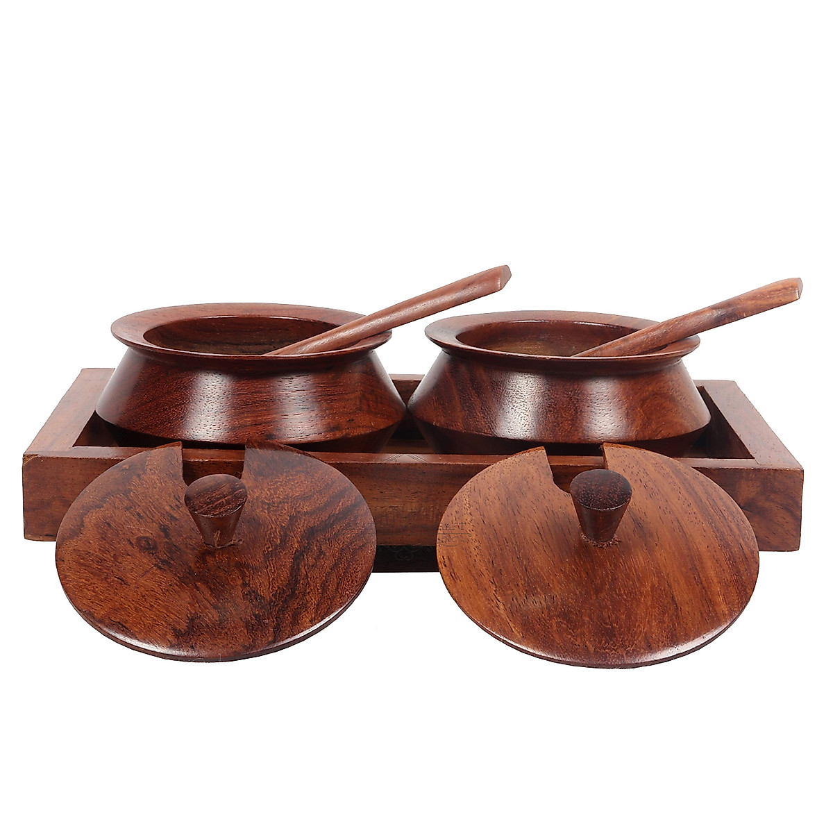 Creation India Craft Wooden Jar Set with Tray and Spoon, 50 ml, 2-Pieces,Indian Rosewood, Refreshner Box Table Top for Dinning Table