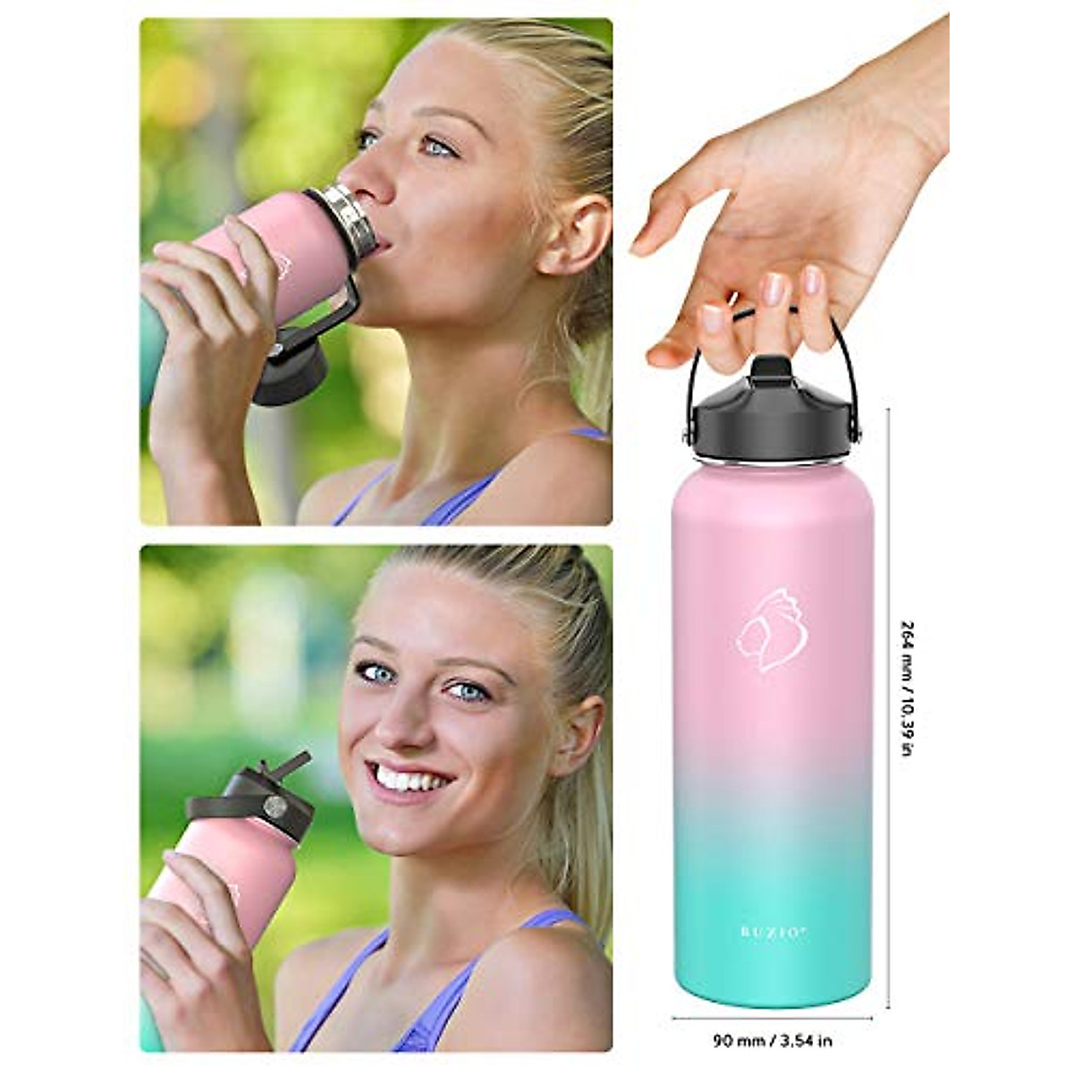 BUZIO Water Bottle with Straw Lid and Flex Cap, 40oz Modern Double Vacuum Stainless Steel Water Flask, Cold for 48 Hrs Hot for 24 Hrs Simple Thermo Canteen Mug, Indigo Black