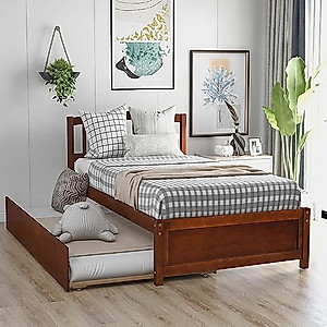 DUNTRKDU Twin Size Solid Wood Platform Bed with Trundle, Wood Bedframe, Twin Platform Bed with Headboard and Wooden Slat Support, No Spring Box Needed, Easy Assemble (Walnut)