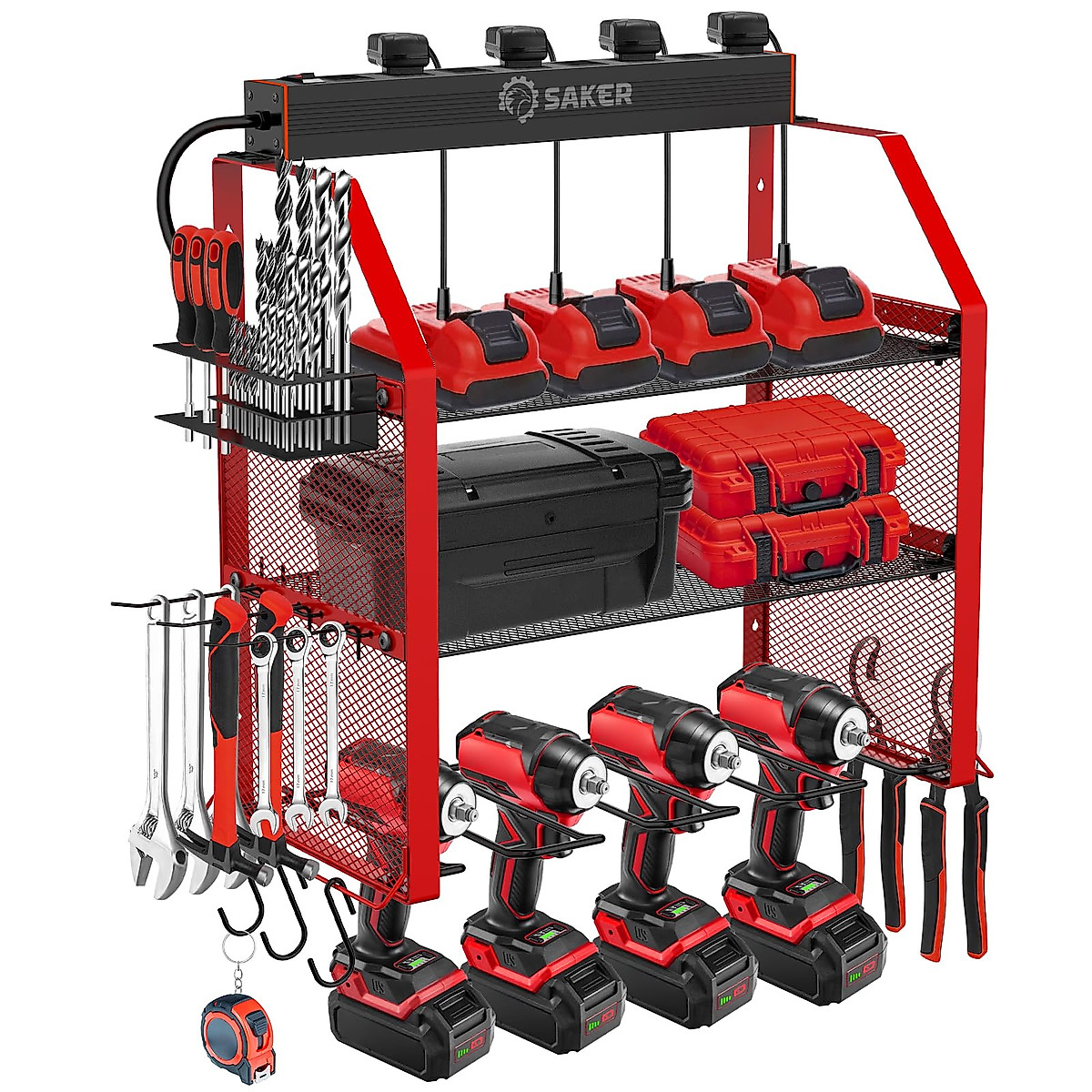 Saker Power Tool Organizer Wall Mount, Power Tool Organizer with Charging Station, 3-Layer, 8 Outlets, 4 Drill Holders, 3 Hooks, Drill Bit Rack, Screwdriver Rack for Garage, Workshop, Home