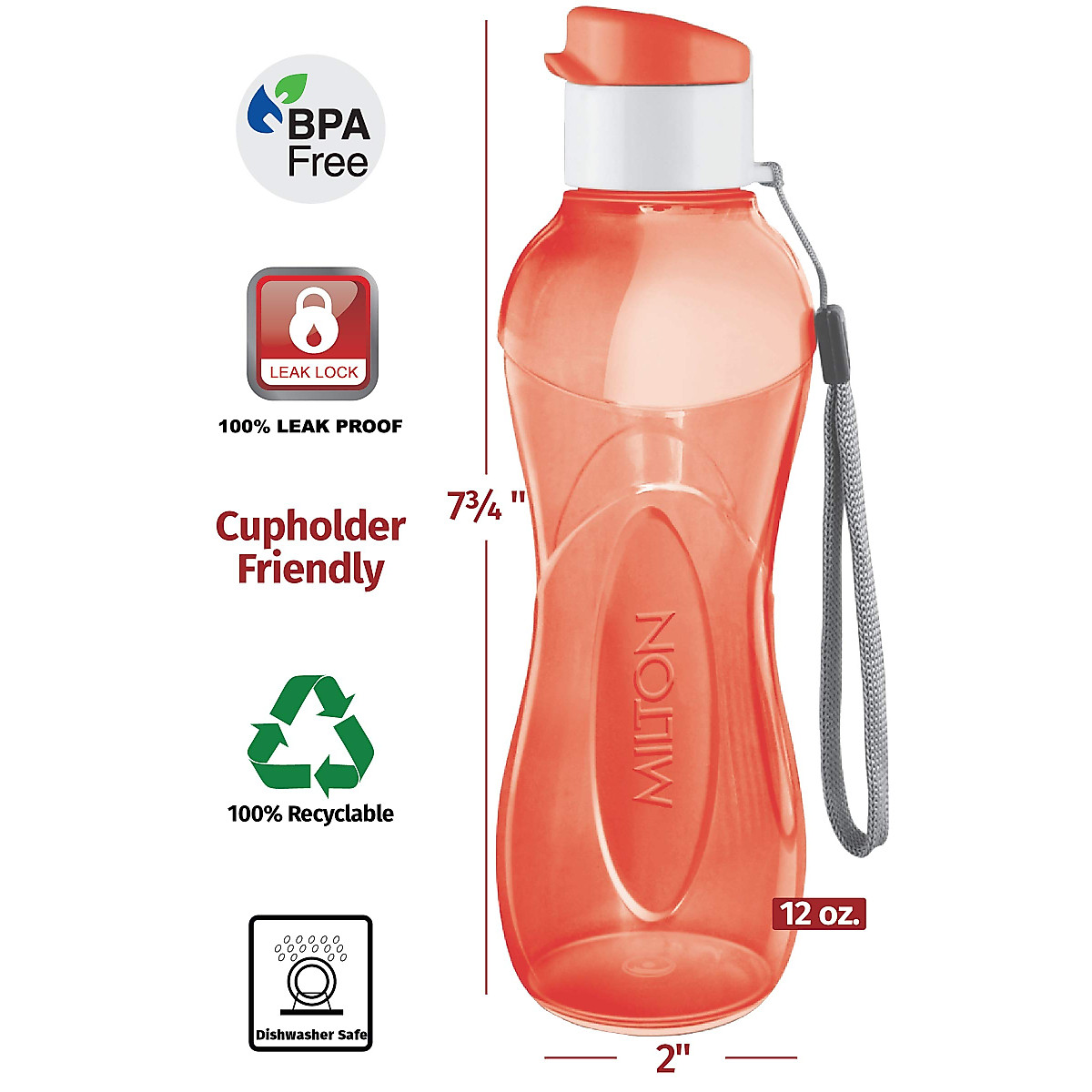 MILTON 6- pack -12 oz Kids Water Bottle for School Reusable Leak proof Small Sports Water Bottle BPA Free Durable Plastic Leak Free with Carry Strap for Lunch Travel Cycling Camping Gym Yoga -6 colors