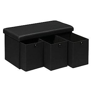 PINPLUS Storage Ottoman Bench with Drawers, 30inches Black Linen Fabric Folding Storage Chest Padded Seat Modern Dressing Stool, Footrest Shoe Bench for Bedroom Bathroom Living Room Entryway Offices