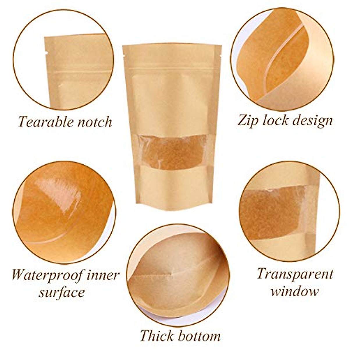 Katfort Stand Up Pouches 100pcs, 7.8''×4.6'' Resealable Bags for Small Business, Resealable Kraft Paper Bags with Window, Paper Bakery Bag for Small Business, Family, Company