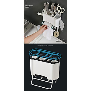 CHERISH Kitchen Multifunctional Wall Storage Rack, Adhesive Wall Mount Cutlery Knife Holder Hanger, Kitchen Cooking Utensil Holder Caddy with Phone Holder and 4 Hooks, Spoon and Fork Holder Rack