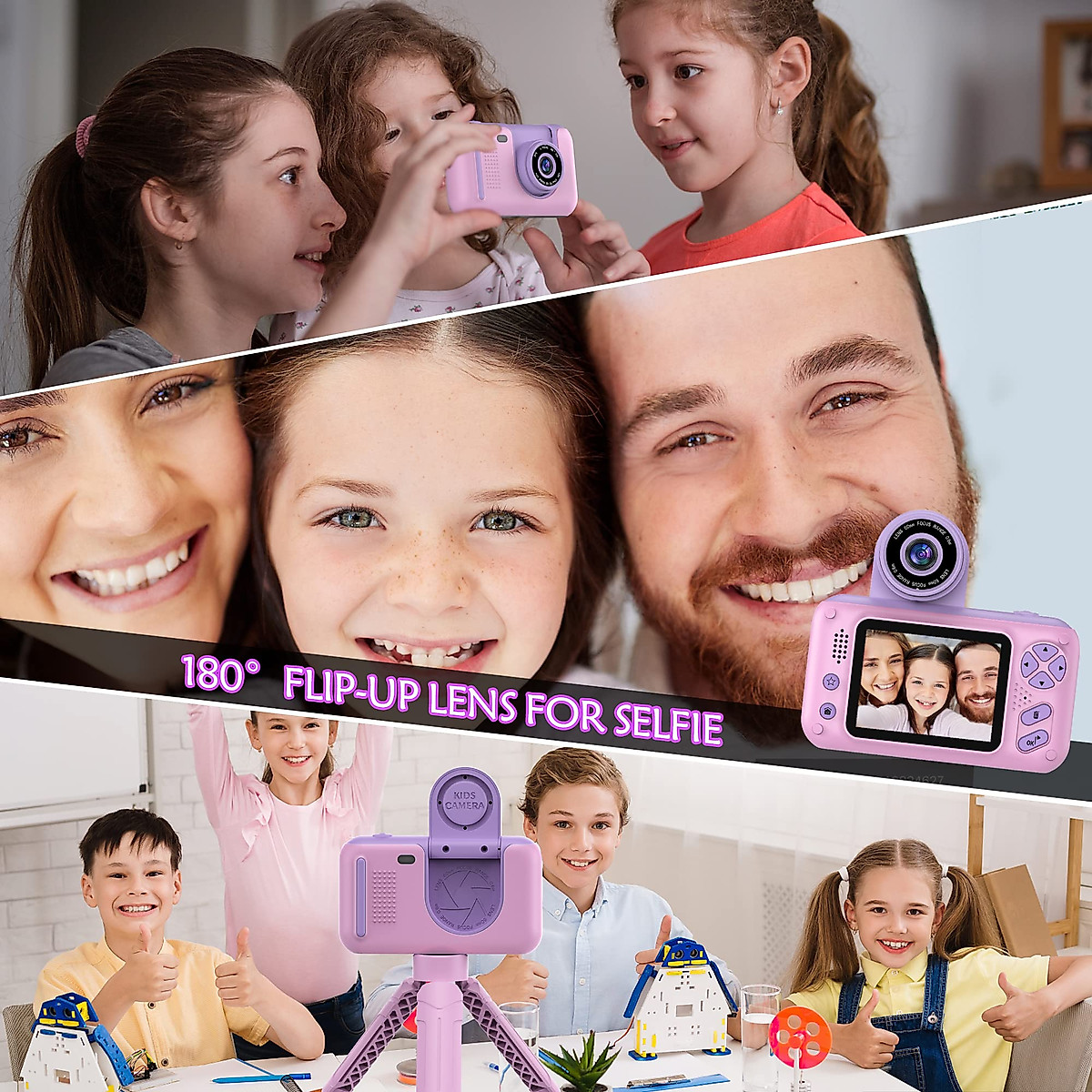 PURULU Upgraded Real 1080P Kids Camera with Flip-up Lens for Selfie & Video, 32GB SD Card Included, 2.4" Screen Camera Toy for 4-12 Years Old Girls Boys on Birthday Party as Gift, Pink