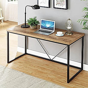 FOLUBAN Rustic Industrial Computer Desk,Wood and Metal Writing Desk, Vintage PC Table for Home Office, Oak 55 inch