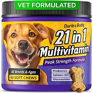 Charlie & Buddy Dog Multivitamin 21 in 1 - Dog Vitamins and Supplements with Vitamin C Multivitamin for Dogs - Chicken Flavour Dog Vitamins Soft Chews - 90ct
