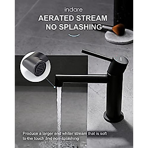 Bathroom Faucet, Indare Single Hole Brass Matte Black Bathroom Faucet with Pop-up Sink Drain Assembly and Faucet Supply Hose