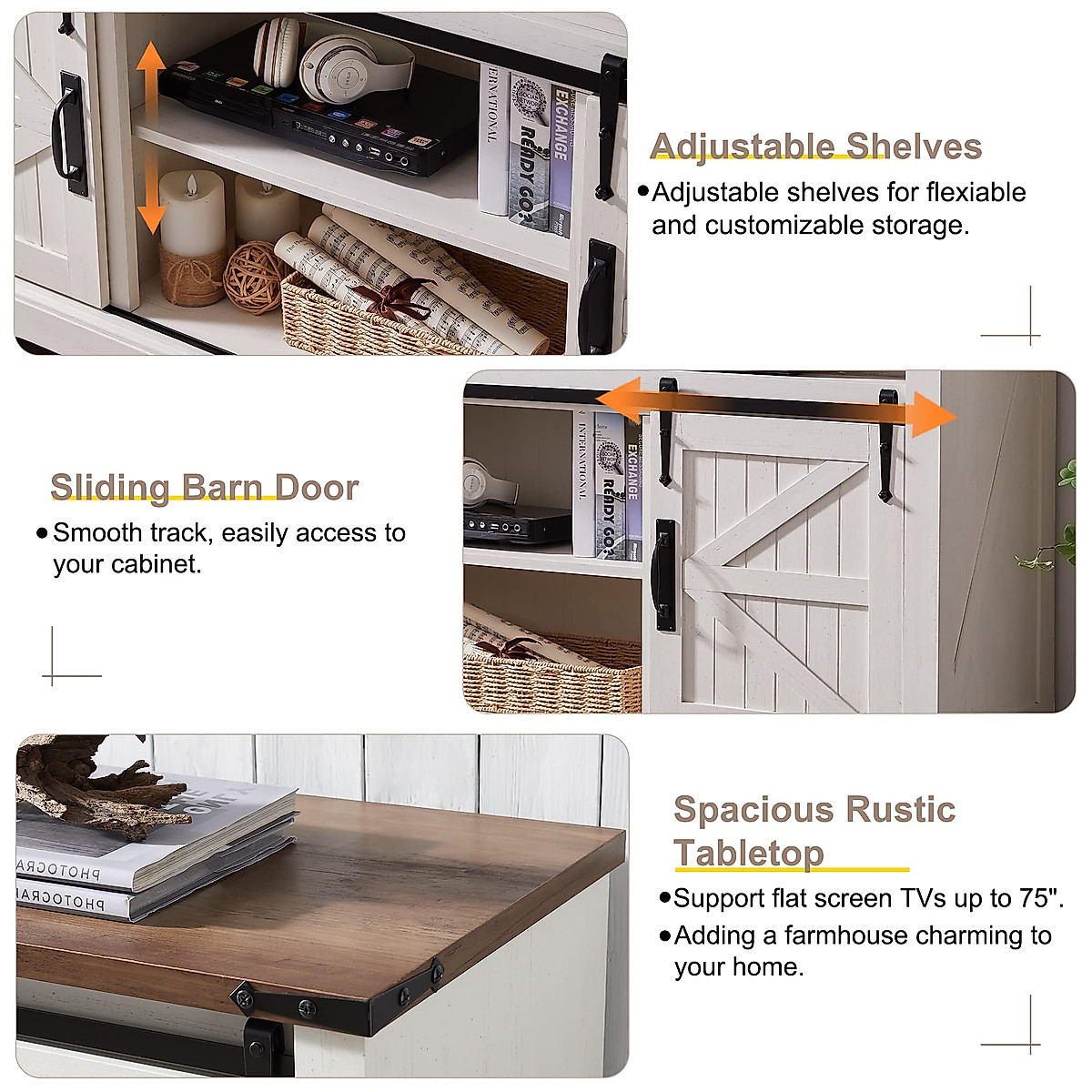 OKD Farmhouse TV Stand for 75 Inch TV with Sliding Barn Door, Rustic Wood Entertainment Center Large Media Console Cabinet Long Television Stands for 70 Inch TVs, Antique White