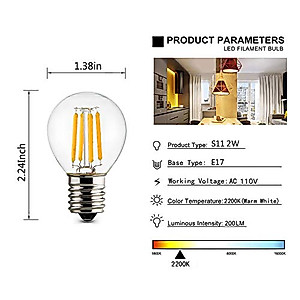 MaoTopCom 6-Pack S11 LED Bulbs E17 Edison Globe Light Bulbs, 20 Watt Equivalent, E17 Intermediate Base, 2200K Warm White 2W Mini S11 Replacement Bulb Bedside Lamp Bulb, Dimmable, 120V