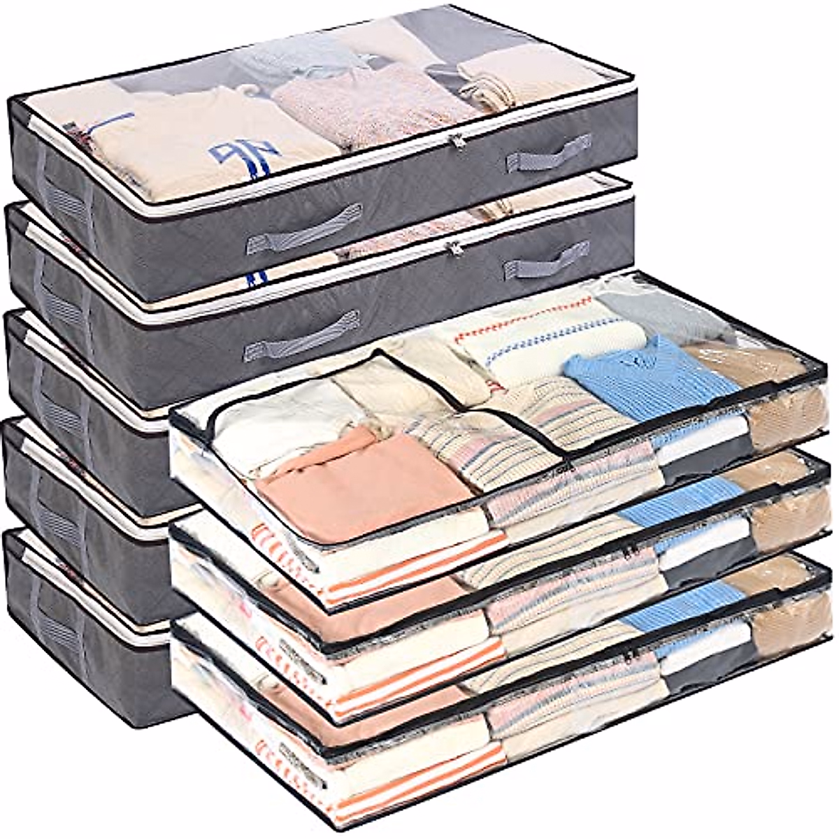 Vieshful 5 Pack 75L Grey Underbed Storage Bags and 3 Pack 75L Clear Underbed Containers，Large Capacity Clothing Organizers for Bedding Blanket Comforter Quilt