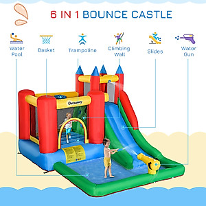 Outsunny 6-in-1 Kids Bounce House Inflatable Water Slide with Pool, Water Cannon, Climbing Wall, Inflator Included, Jumping Castle Kids Backyard Activity Outdoor Water Play Toy