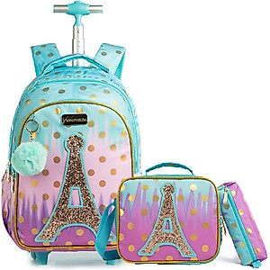 Egchescebo School Bags Kids Rolling Backpack Luggage Suitcase With Wheels Trolley Wheeled Backpacks for Girls Travel Bags 3PCS Cat Backpack With Lunch for kids Sky Blue Bags