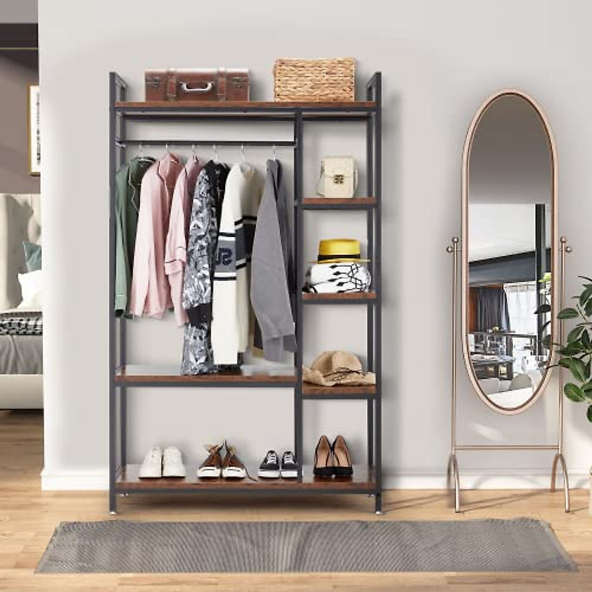 JOMMED Clothing Rack with Shelves Free Standing Closet with Shelves and Hanging Rod, Industrial Clothing Rack for Bedroom
