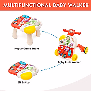 Baby Walker Sit-to-Stand Learning Walker Kids Activity Center Entertainment Table Lights & Sounds & Music & Rotating Gear & Rocket Rattle & Steering Wheel Educational Push Toy for Babies Toddlers(Red)