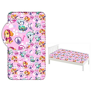 BrandMac Paw Patrol 100% Cotton Fitted Sheet, 90 x 200 cm x25cm, Rubber, Chase Paw Patrol Pink Fitted Sheet Single Bed