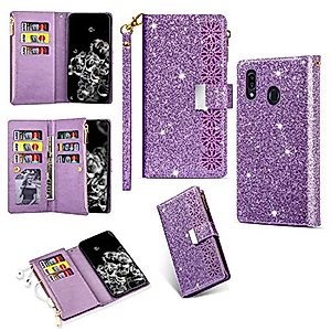 BOYUHII Silicone Protective Case for Phone for Samsung Galaxy A30 / A20 Multi-Card Slots Starry Sky Laser Carving Glitter Zipper Horizontal Flip Leather Case with Holder & Wallet & Lanyard ATCYE