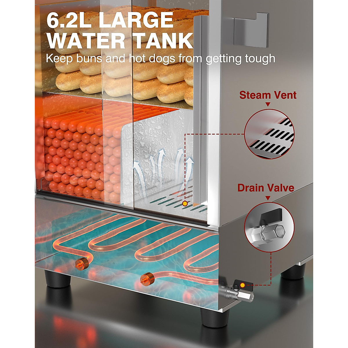 WantJoin Hot Dog Steamer - 2 Tiers Electric Hot Dog Steamer with Bun Warmer 27 L/24.52 QT, Visuable Glass Slide Doors Suit for 175 Hot Dogs and 40 Buns