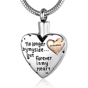 RIMZVIUX Grandma Urn Necklace for Ashes 316L Stainless Steel Heart Cremation Jewelry Urn Pendant Charm No Longer By My Side Forever in My (Grandma) …