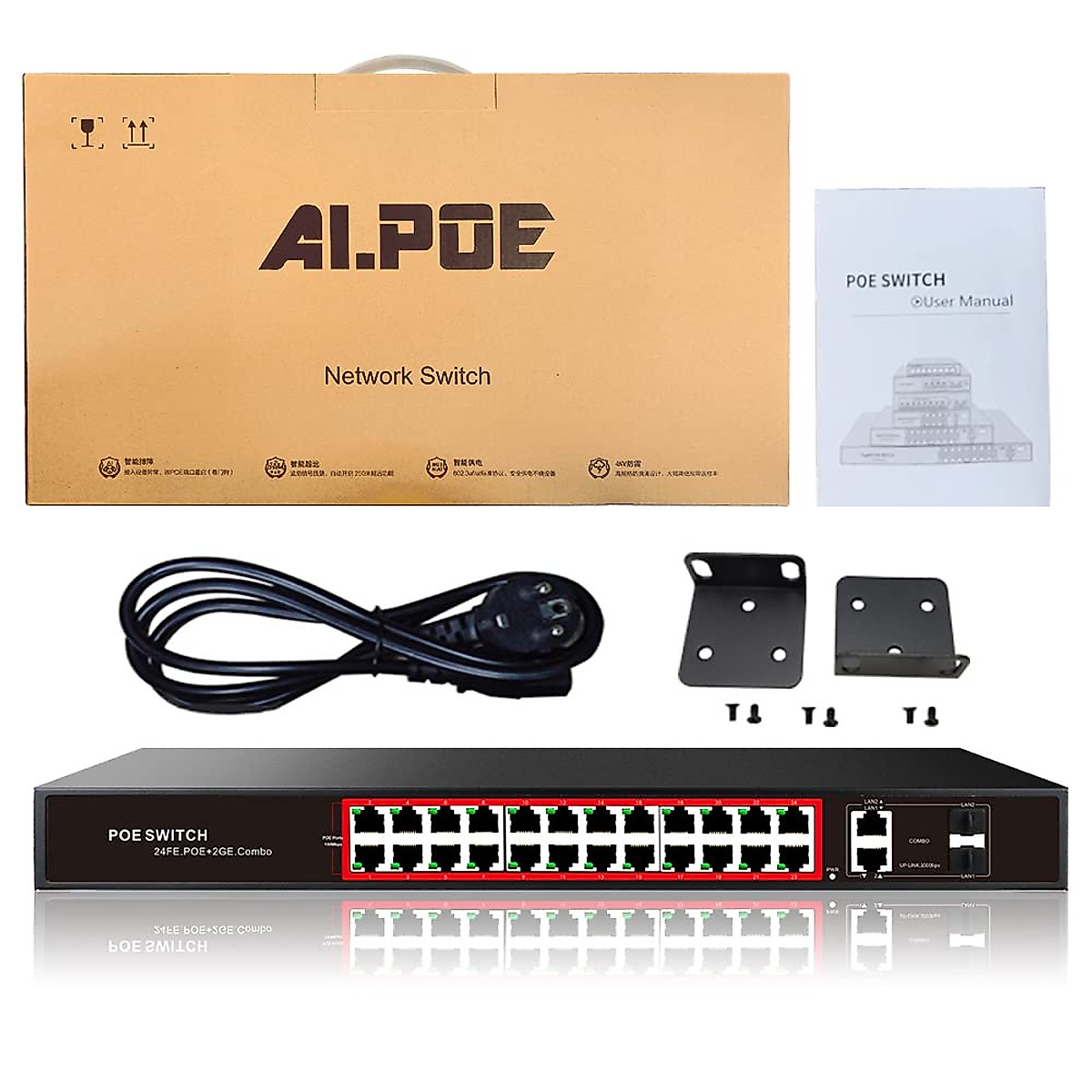 STEAMEMO 28 Port PoE Switch, 24 PoE+ Port@ 360W, 2 Gigabit Uplink, 2*1G SFP, 802.3af/at, Metal Casing 19-inch Rackmount, Overload Protection w/ Port, Unmanaged Plug and Play