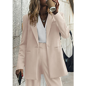 PRETTYGARDEN Women's Fall Two Piece Outfits Dressy Blazer Jacket and Wide Leg Pants Pockets Business Casual Office Suit Sets (Beige,Medium)