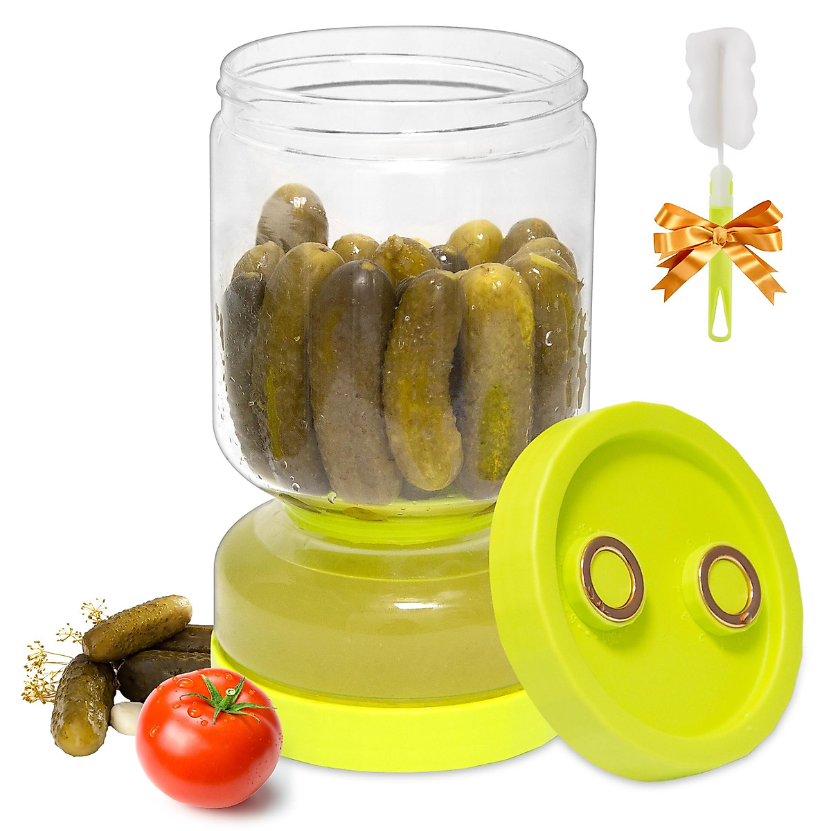 Glass Pickle Jar with Strainer Flip and Brush - 49oz Wide Mouth Hourglass Pickle Container for Wet and Dry Pickle Juice, Pickle Jar with 2 Leak Proof Airtight Lids, Time Recorder Jar, PicFood Storage