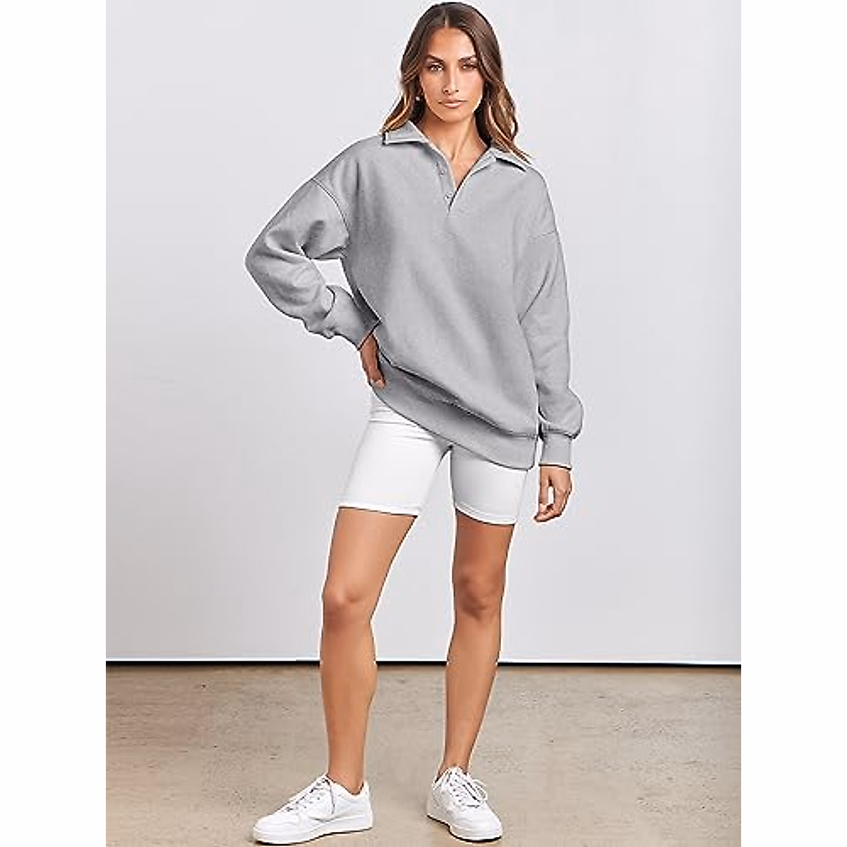 Caracilia Womens Oversized Sweatshirts Fleece Cute Pullover Long Sleeve Dressy Casual Shirts Comfy Hoodie Fall Tops Lightweight Buttons Down Sweatshirt 2023 Fashion Clothes C113A8-huahui-L Grey