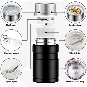 Ateupom 26oz Insulated Container Jar Thermos for Hot Food Soup Thermos with Spoon Stainless Steel Vacuum Bento Lunch Box Food Thermos for for Kids Adult Black 750ml