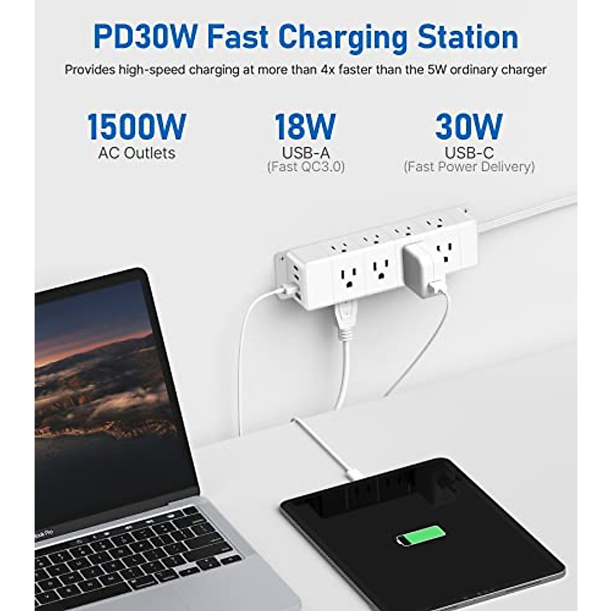 30W USB C Power Strip Surge Protector,Ultra Thin Flat Plug Power Strip 4 Side 12 Outlets,PD Fast Charing,2 USB-C, 2 USB-A(4 USB Total 40W),6ft Slim Extension Cord,16 in 1 Desk Power Bar,1200J White