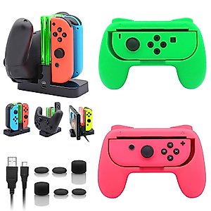 FASTSNAIL Charging Dock and 2 Pack Switch Grips Kit for Nintendo Switch Joy Con & OLED Model, Charger Stand Station with Charging Cable, Wear-Resistant Grip Controller with 6 Thumb Grip