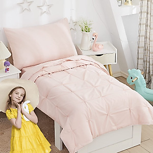 Brandream Toddler Bedding Set Girls Pink Pintuck Comforter Sheet Set 4 Piece Bed in A Bag Princess Kids Baby Bedding with Fitted Sheet Flat Sheet Pillowcase, Luxury Design
