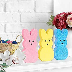 Easter Decor, 3 Pcs Glittery Easter Wooden Signs for Tiered Tray/Mantel/Table Decorations, Style of Peeps with 3D Eyes