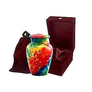 Tie Dye Keepsake Urn | Tiedye Mini Cremation Urn for Ashes | Multi Color Token Urn | Colors of Life Urn | Color Burst Tie-Dye Memorial Sharing Urn with Velvet Case & Bag (Keepsake)