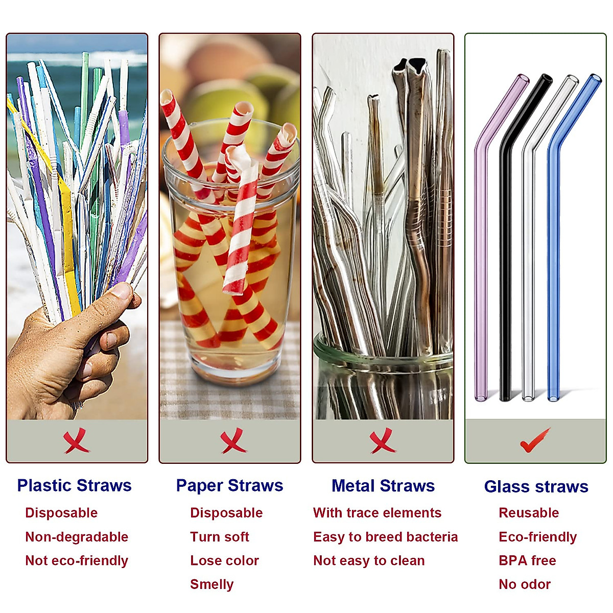 LIFEHIM Reusable Straws Glass Clear: 32 Pack Glass Straws Long Drinking Straws Bendy Wide Smoothie Straw Large Cocktail Straws for Drinks