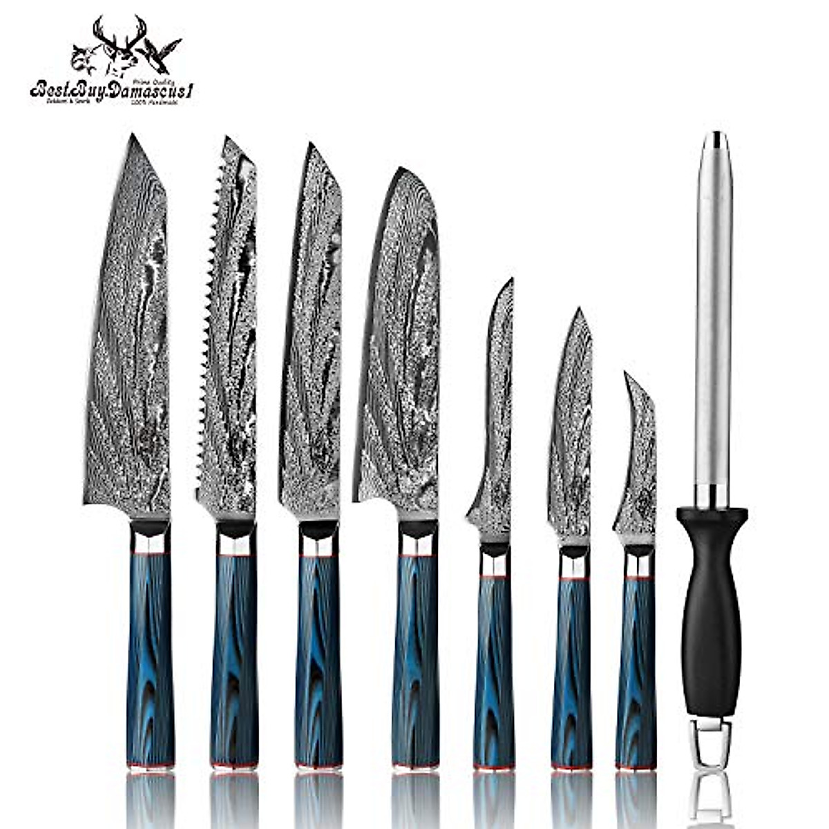 Knife Block Set 9 Pcs Japanese Aus-10 Damascus Steel Chef Knives Set High Carbon Core Stainless Steel Full Tang Chef Knife Set Blue G10 Home Kitchen Professional Knife Block Sets (Blue Round Handel)