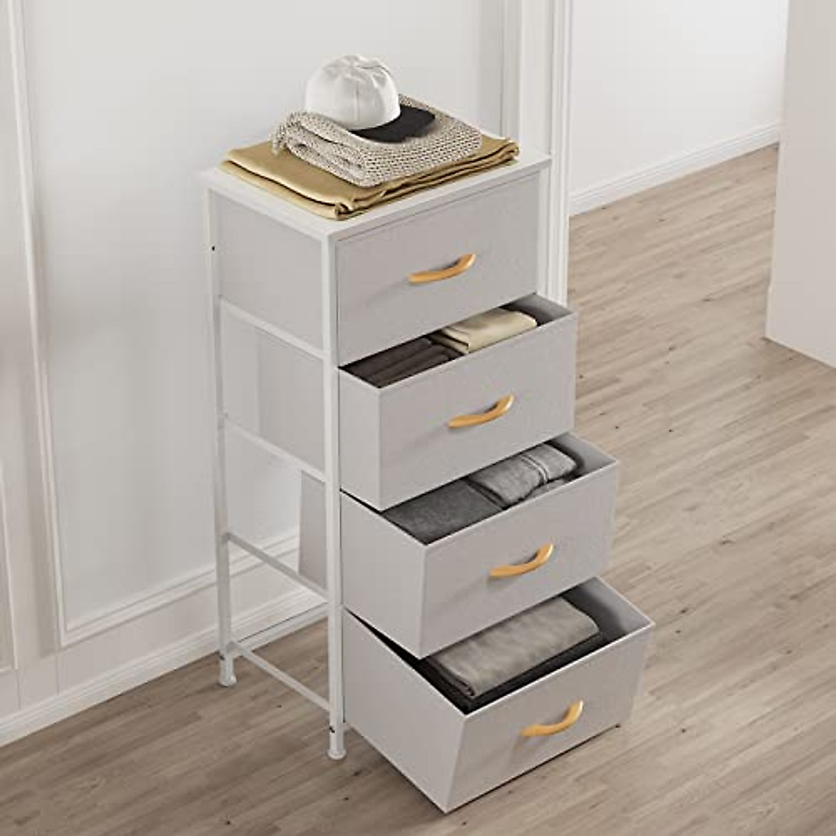 BANTI Dresser for Bedroom with 4 Drawers, Storage Tower, Organizer Unit, Fabric Dresser for Hallway, Entryway, Closets, Sturdy Steel Frame, Wood Top, Easy Pull Handle, Light Grey