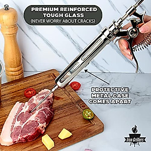Iron Grillers Meat Injector Gun for Smoking & Grilling, Large 2 Oz Glass Syringe for Cooking BBQ, Brisket, Turkey & More - Inject Marinade or Seasoning for Tender Flavor! - Automatic Professional Kit