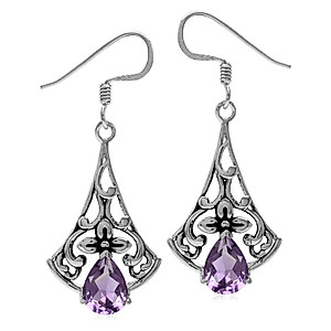 Silvershake 2.14ct. Natural Amethyst 925 Sterling Silver Flower Vintage Inspired Drop Dangle Hook Earrings