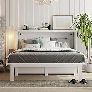 UOCFYK Murphy Bed Queen Size with USB Port & Removable Shelves for Bedroom, Living Room, Wooden Wall Bedframe with Each Side, No Spring Box Needed, White