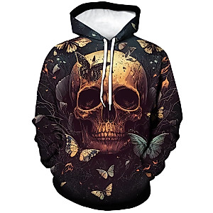 TiwBski Men's Novelty Skull Print Hoodies Sweatshirt Pullover with Pocket,Brown,XL