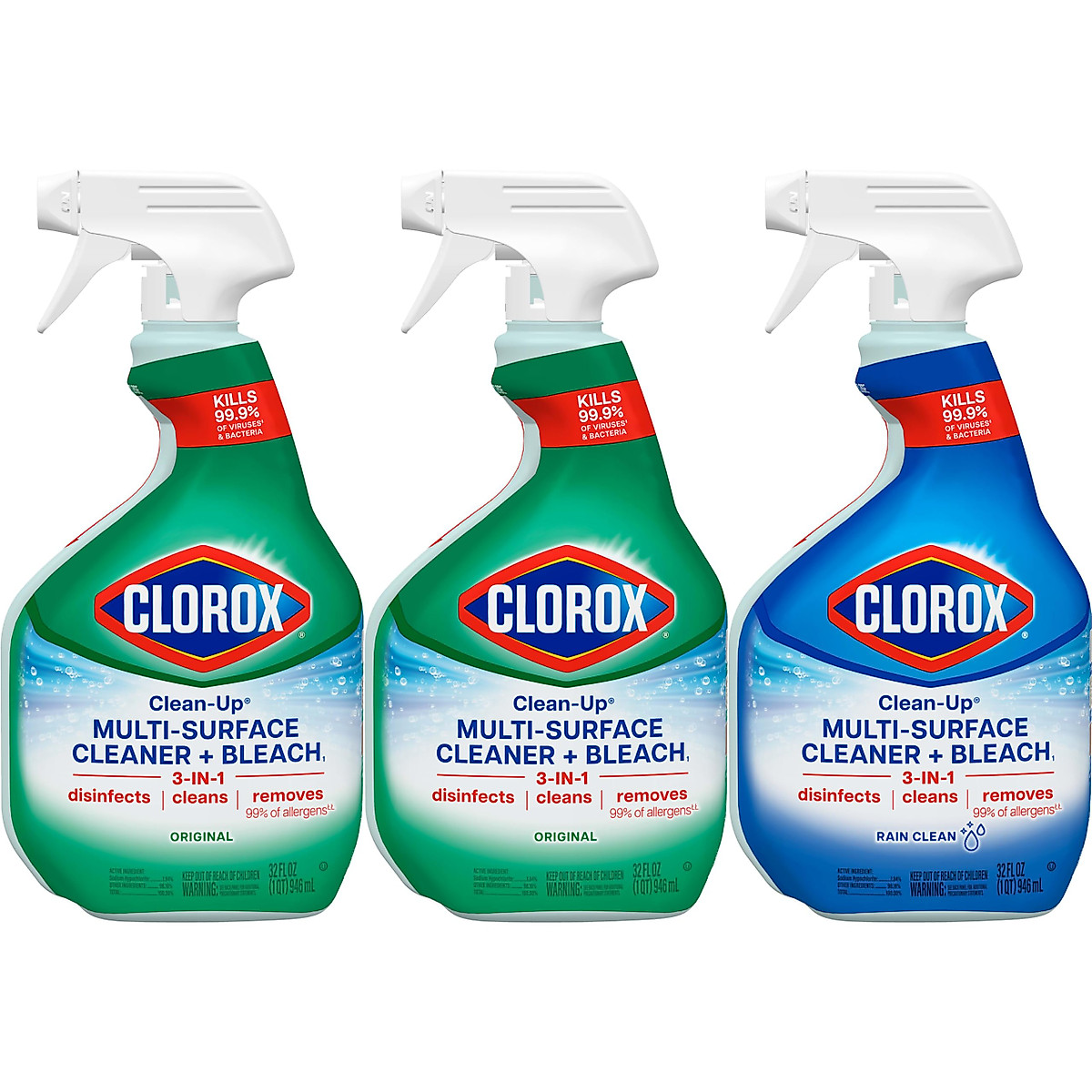 Clorox Clean-Up Cleaner + Bleach Value Pack, 3 Disinfectant and Cleaning Sprays, Kitchen and Bathroom Cleaning, Rain Clean and Original Scent, 32 Ounces (Pack of 3)