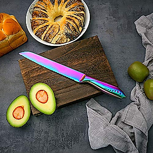 WELLSTAR Bread Knife 8 Inch, Serrated Bread Cutter, Ultra Sharp German Stainless Steel Blade and Comfortable Handle with Rainbow Titanium Coated for Slicing Breads Loaves Bagel Cake and Large Fruit