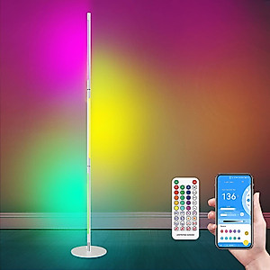 DELIZIO RGBICW Floor Corner Lamp Colors/Music Sync/Adjustable Height/Timing/Dimmable/3000K Warm Light with Bluetooth APP Smart Remote LED Minimalist Standing Lamp for E-Sports Gaming Room 52"