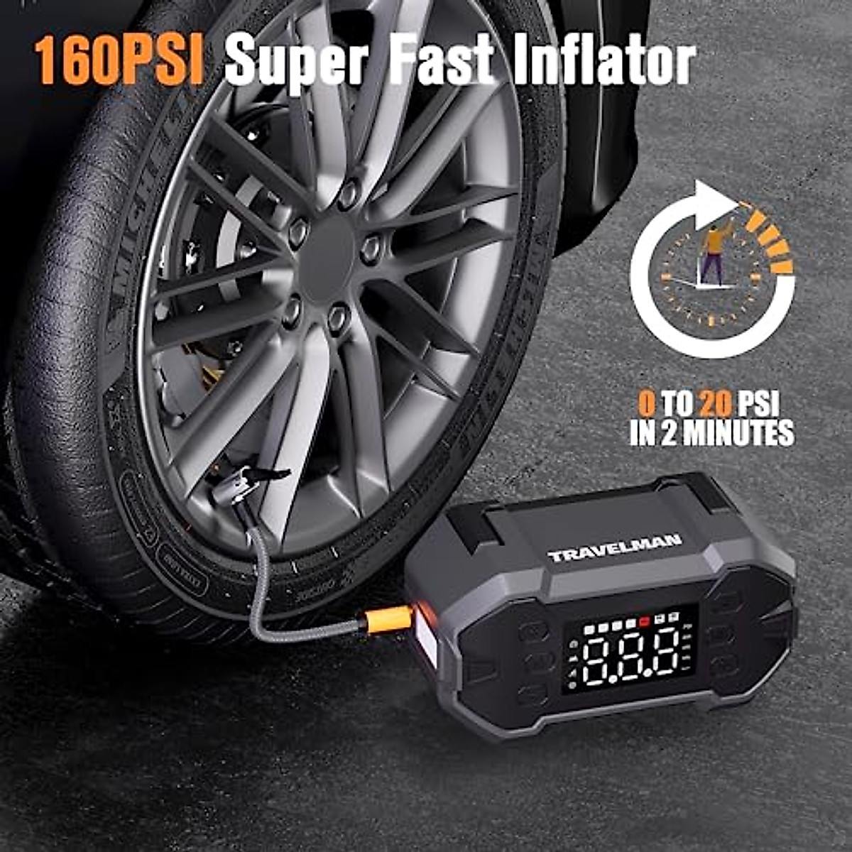 TRAVELMAN T6 Car Jump Starter with Air Compressor, 4000A 160PSI 26800mAh Portable Jump Box Tire Inflator (All Gas/10.0L Diesel), 12V Car Jump Booster Battery Pack for Car,Truck,Boat,Bike